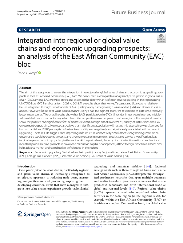 (PDF) Integration into regional or global value chains and economic upgrading prospects: an ...