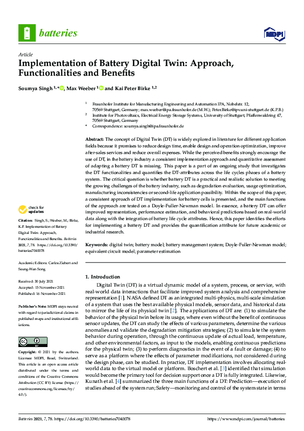 (PDF) Implementation of Battery Digital Twin: Approach, Functionalities and Benefits