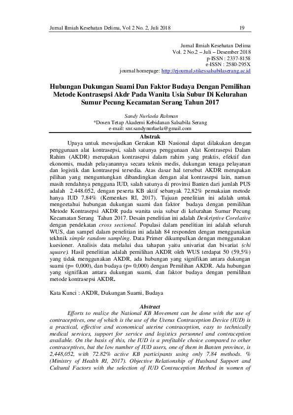 (PDF) Hubungan Dukungan Suami Dan Faktor Budaya Dengan Pemilihan Metode Kontrasepsi Akdr Pada ...
