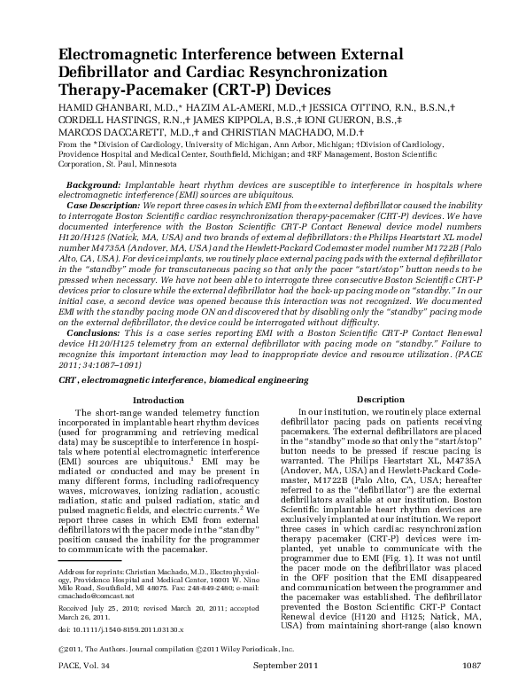 (PDF) Electromagnetic Interference between External Defibrillator and Cardiac Resynchronization ...