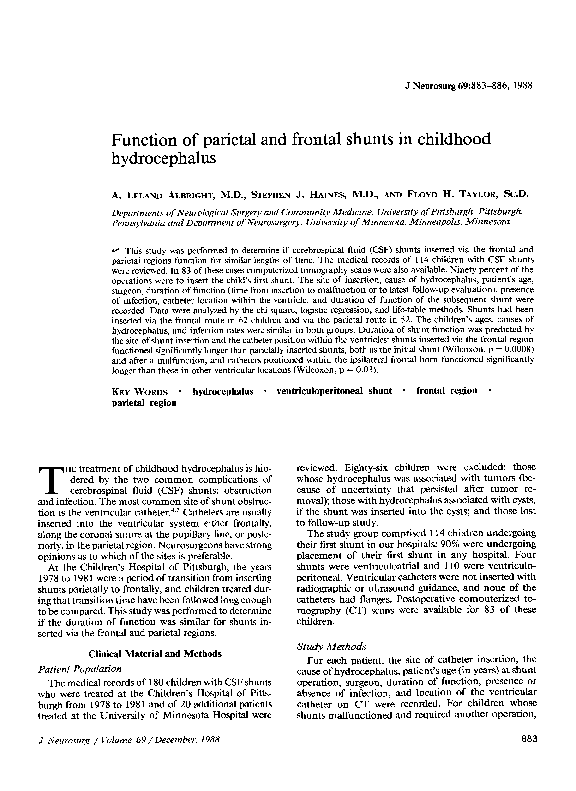 (PDF) Function of parietal and frontal shunts in childhood ...