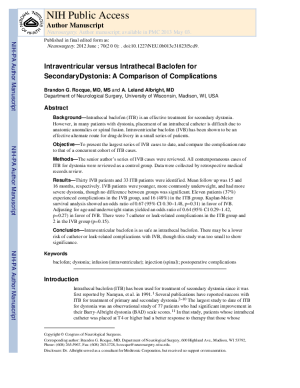 (PDF) Intraventricular vs Intrathecal Baclofen for Secondary Dystonia