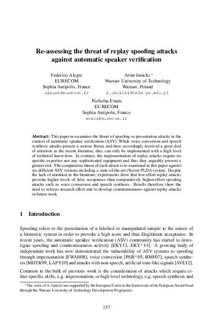 (PDF) Re-assessing the threat of replay spoofing attacks against automatic speaker verification