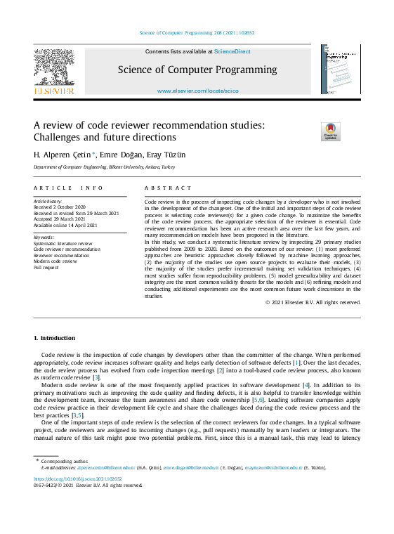 (PDF) A review of code reviewer recommendation studies: Challenges and ...