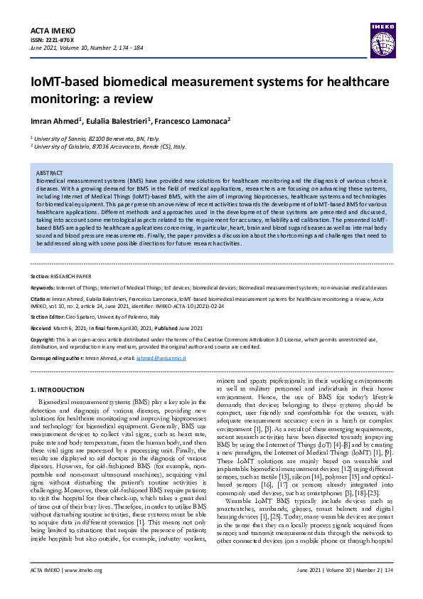 (PDF) IoMT-based biomedical measurement systems for healthcare monitoring: a review