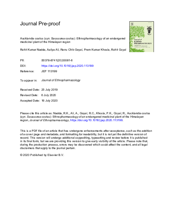 (PDF) Aucklandia costus (Syn. Saussurea costus): Ethnopharmacology of ...