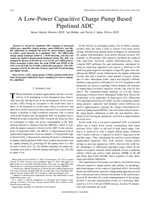 Pdf A Low Power Capacitive Charge Pump Based Pipelined Adc