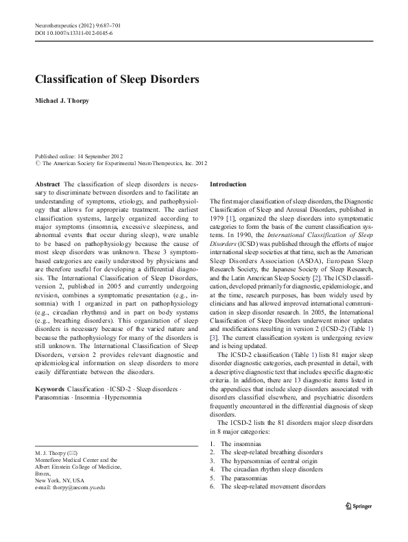 (PDF) Classification of Sleep Disorders