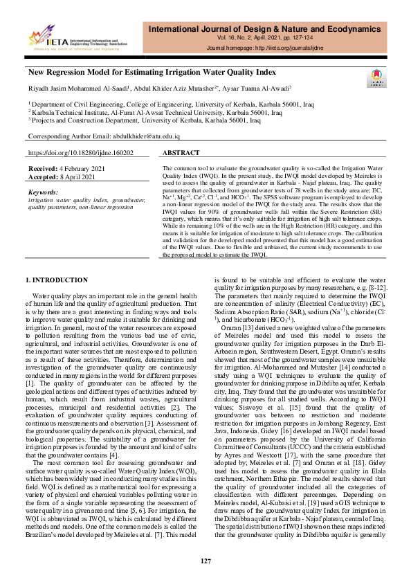 (PDF) New Regression Model for Estimating Irrigation Water Quality Index