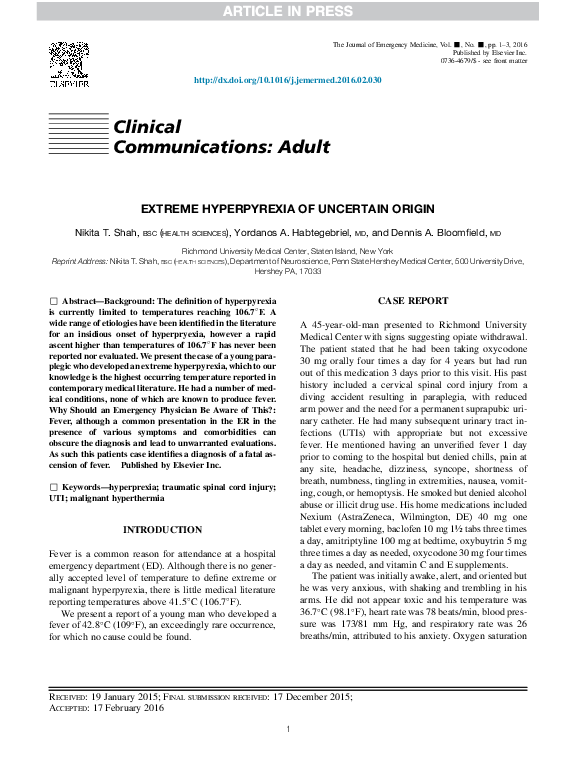 (PDF) Extreme Hyperpyrexia of Uncertain Origin