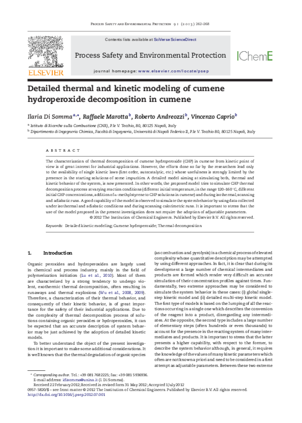 (PDF) Detailed thermal and kinetic modeling of cumene hydroperoxide ...