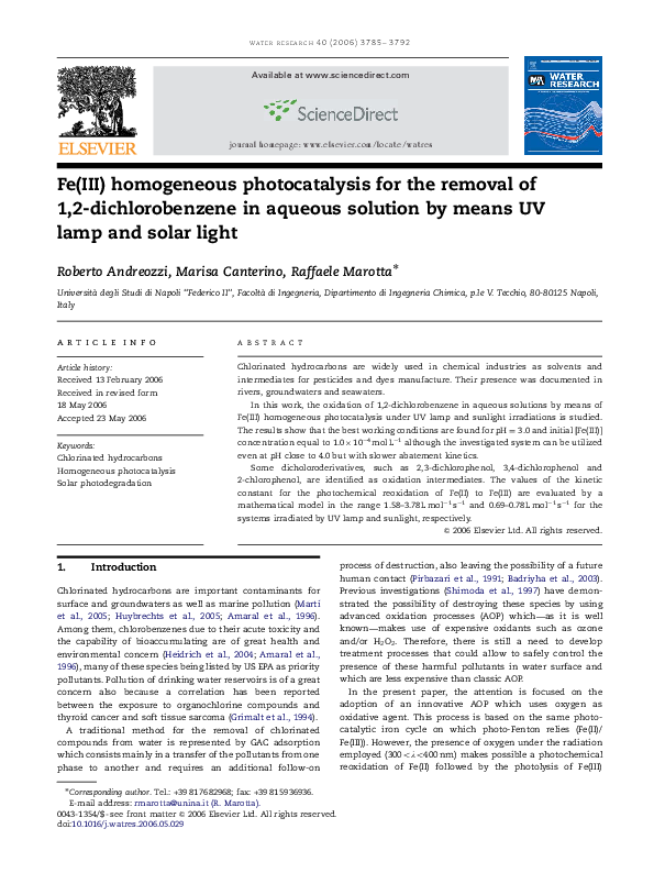 (PDF) Fe(III) homogeneous photocatalysis for the removal of 1,2 ...