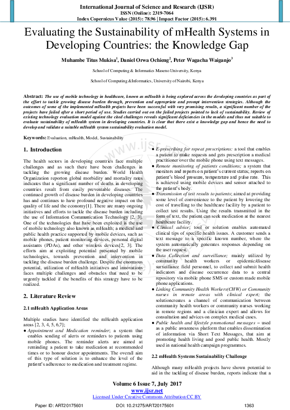 (PDF) Evaluating the Sustainability of mHealth Systems in Developing ...