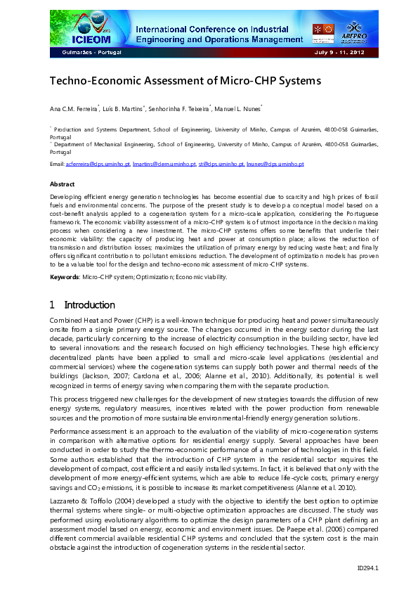 (PDF) Techno-Economic Assessment of Micro-CHP Systems