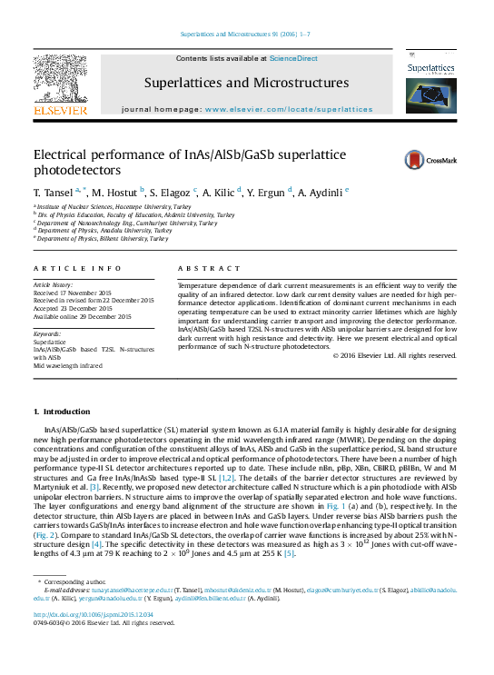 Pdf Electrical Performance Of Inas Alsb Gasb Superlattice Photodetectors Mustafa Hoştut