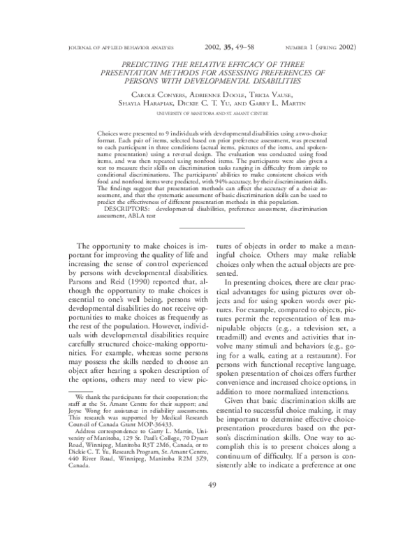 (PDF) Assessing Choice Methods for Developmental Disabilities