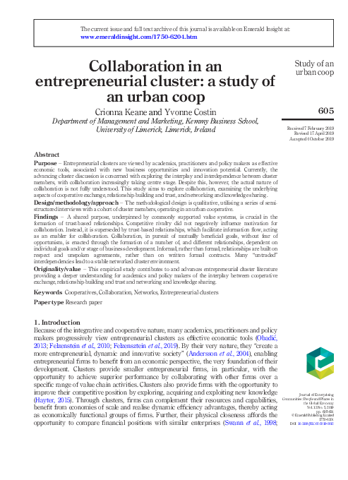 (PDF) Collaboration in an entrepreneurial cluster: a study of an urban coop