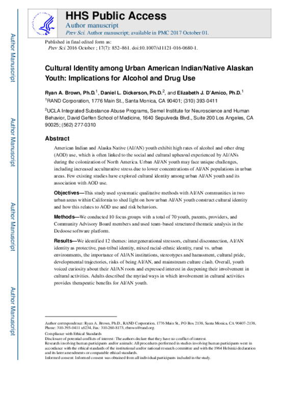 (PDF) Cultural Identity Among Urban American Indian/Alaska Native Youth: Implications for ...