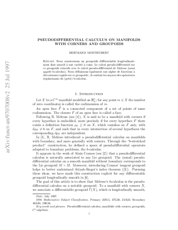 (PDF) Groupoids and pseudodifferential calculus on manifolds with corners