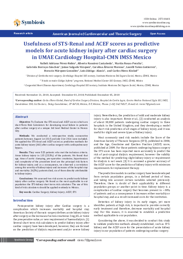 (PDF) Predictive models for acute kidney injury after cardiac surgery