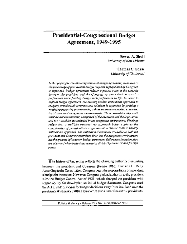 (PDF) Presidential-Congressional Budget Agreement, 1949-1995