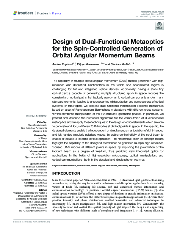 Pdf Design Of Dual Functional Metaoptics For The Spin Controlled Generation Of Orbital Angular