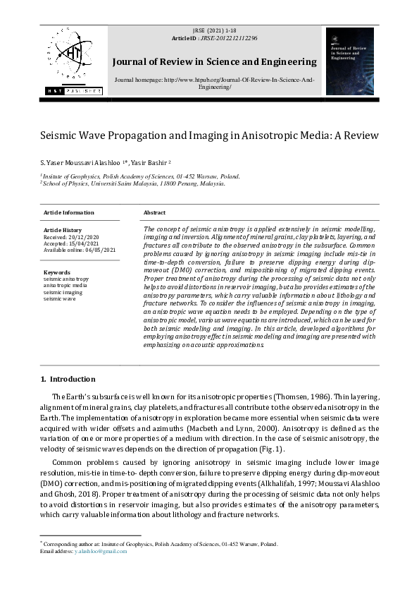Pdf Seismic Wave Propagation And Imaging In Anisotropic Media A Review