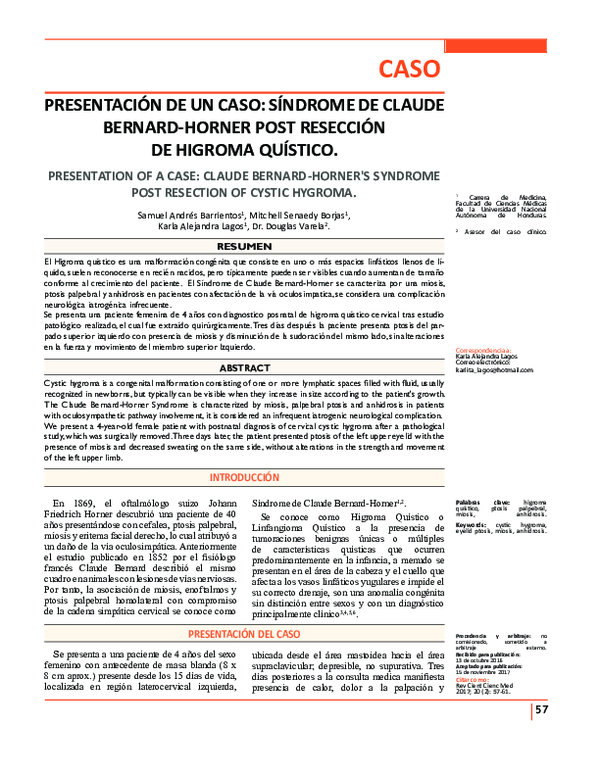 (PDF) Presentación De Un Caso: Síndrome De Claude Bernard-Horner Post ...