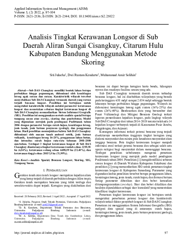 (PDF) Analisis Tingkat Kerawanan Longsor di Sub Daerah Aliran Sungai ...
