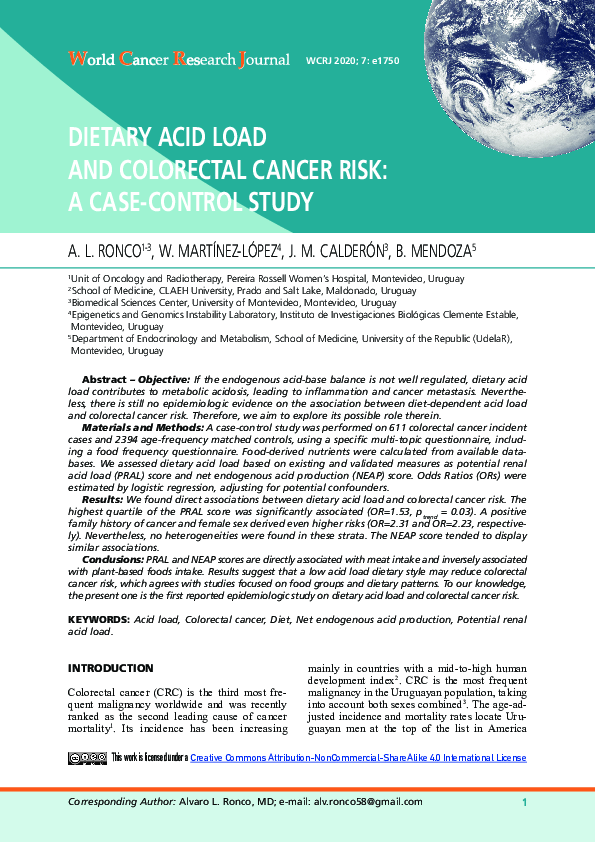 (PDF) Dietary acid load and colorectal cancer risk: a case-control study