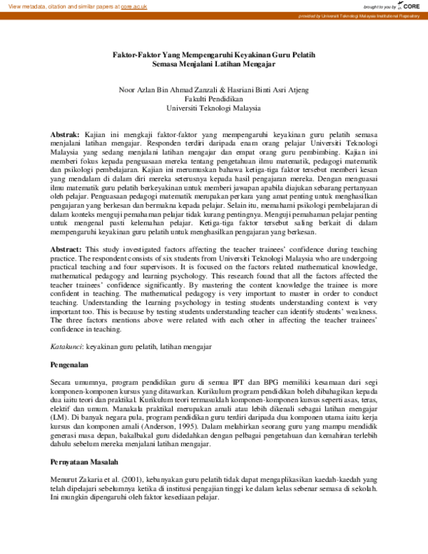 (PDF) Faktor-Faktor Yang Mempengaruhi Keyakinan Guru PelatihSemasa ...