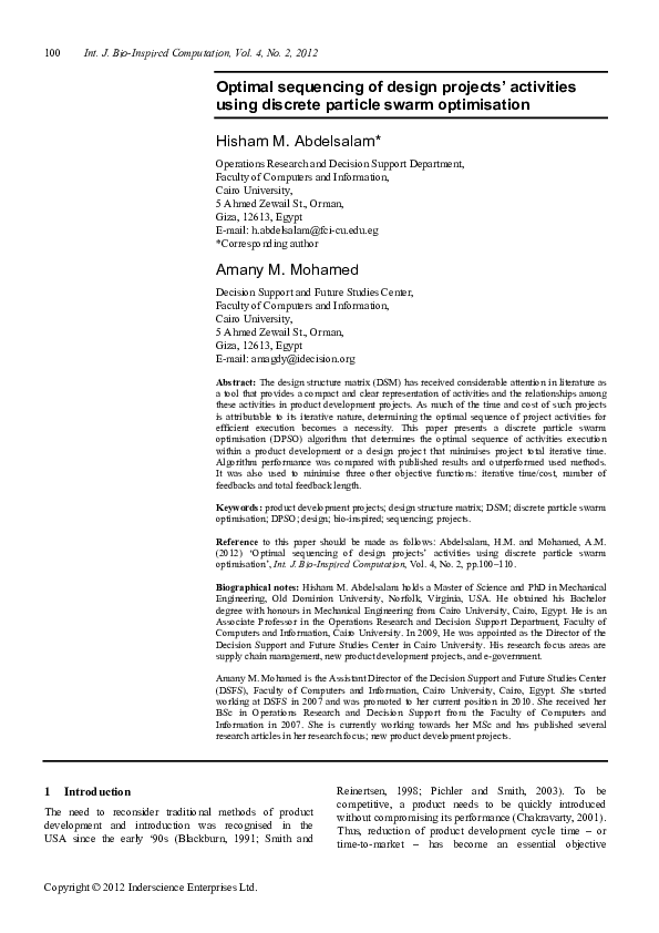 Pdf Optimal Sequencing Of Design Projects Activities Using Discrete Particle Swarm Optimisation