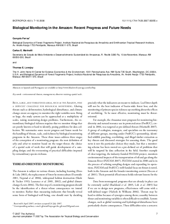 (PDF) Biological Monitoring in the Amazon: Recent Progress and Future Needs