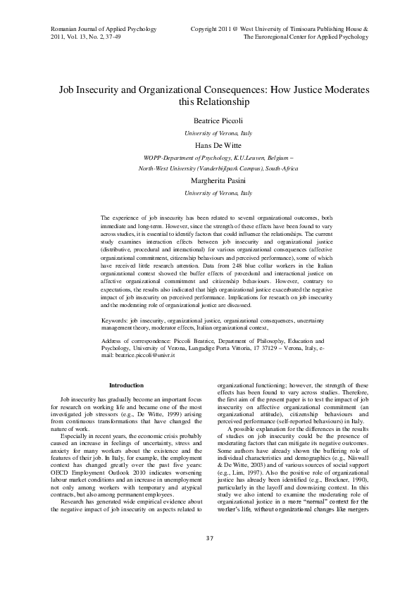 (PDF) Job Insecurity and Organizational Consequences: How Justice ...