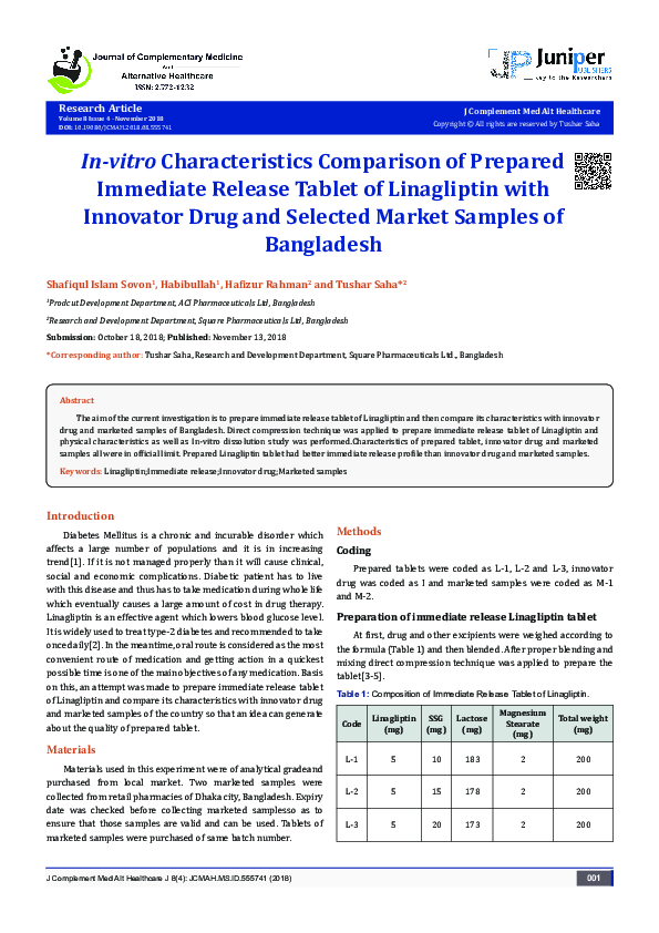 Pdf In Vitro Characteristics Comparison Of Prepared Immediate Release Tablet Of Linagliptin