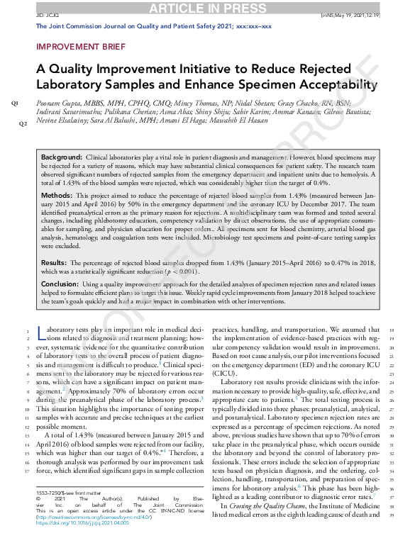 (PDF) A Quality Improvement Initiative to Reduce Rejected Laboratory ...