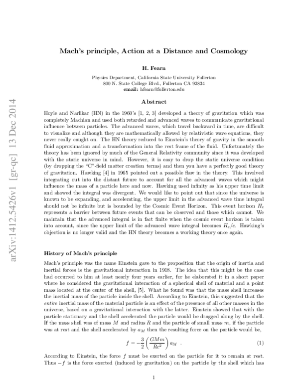(PDF) Mach’s Principle, Action at a Distance and Cosmology