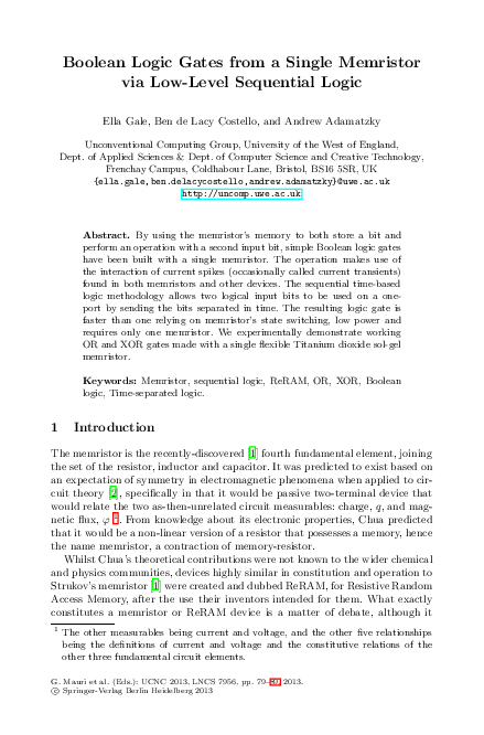 (PDF) Boolean Logic Gates from a Single Memristor via Low-Level ... (PDF) Boolean Logic Gates from a Single Memristor via Low-Level ...