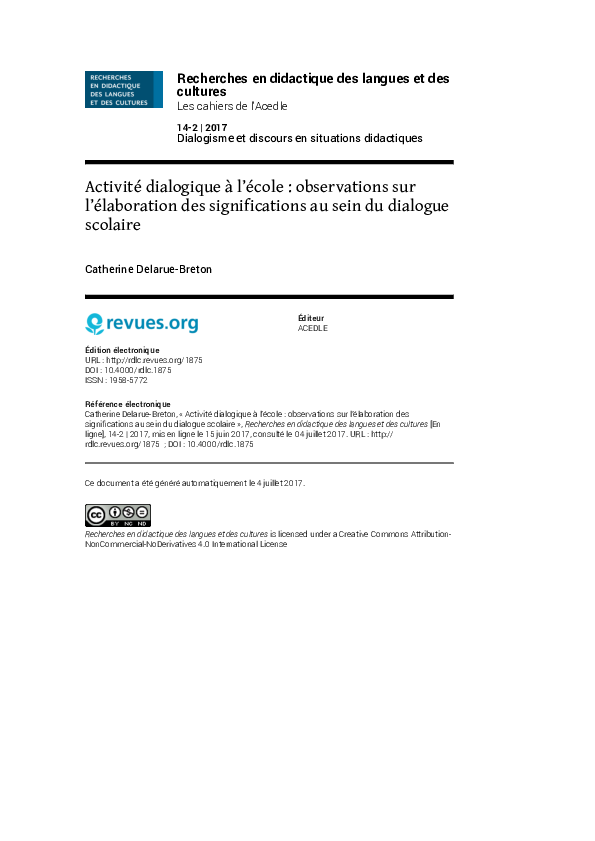 (PDF) Activité dialogique à l’école : observations sur l’élaboration ...