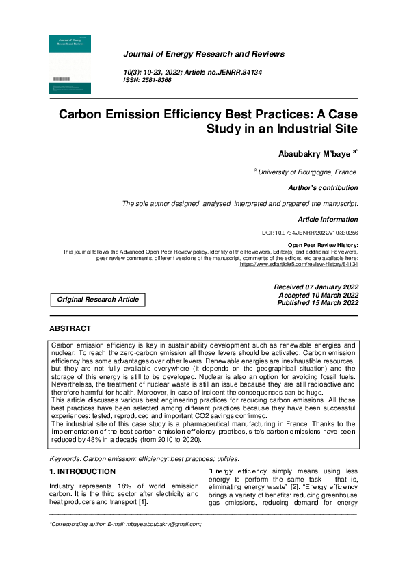 (PDF) Carbon Emission Efficiency Best Practices: A Case Study in an ...
