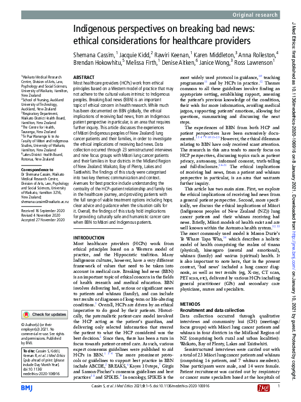 (PDF) Indigenous perspectives on breaking bad news: ethical ...