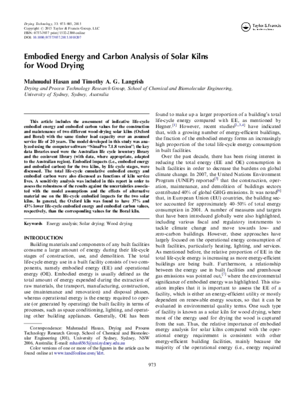 (PDF) Embodied Energy and Carbon Analysis of Solar Kilns for Wood Drying