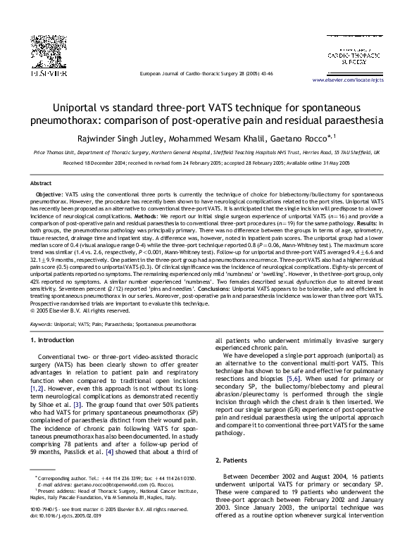 (PDF) Uniportal vs standard three-port VATS technique for spontaneous ...