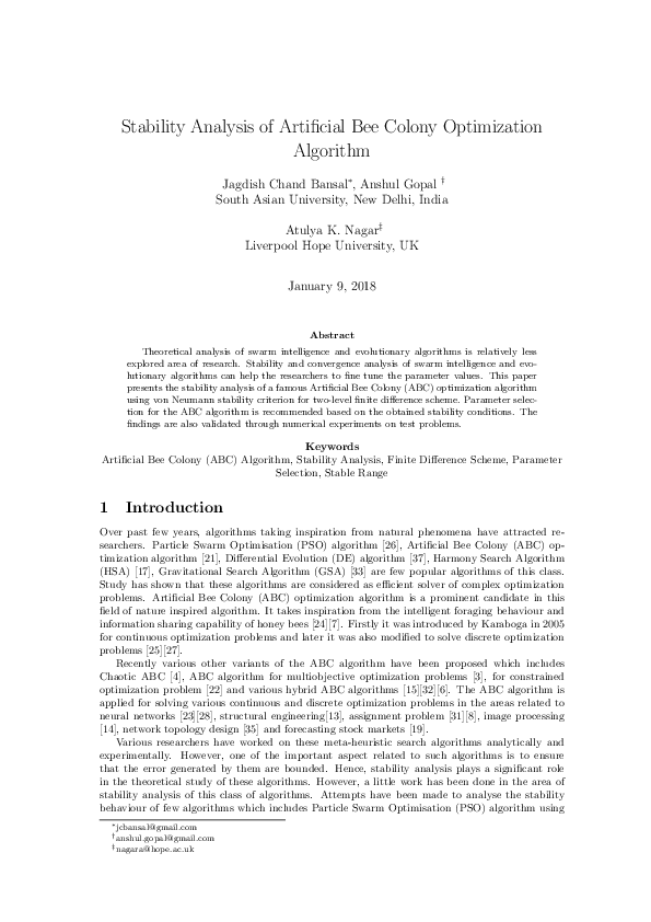(PDF) Stability analysis of Artificial Bee Colony optimization algorithm