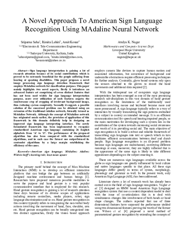 (PDF) A novel approach to American sign language recognition using ...