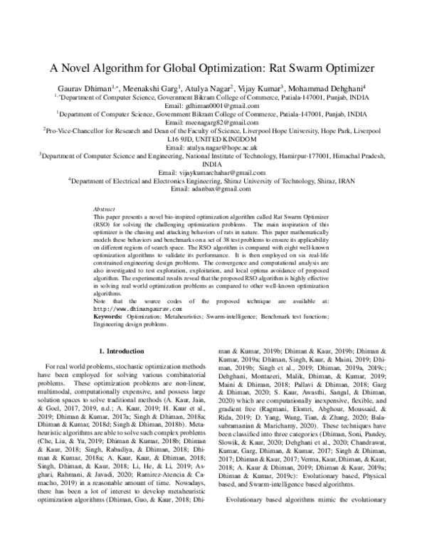 Pdf A Novel Algorithm For Global Optimization Rat Swarm Optimizer