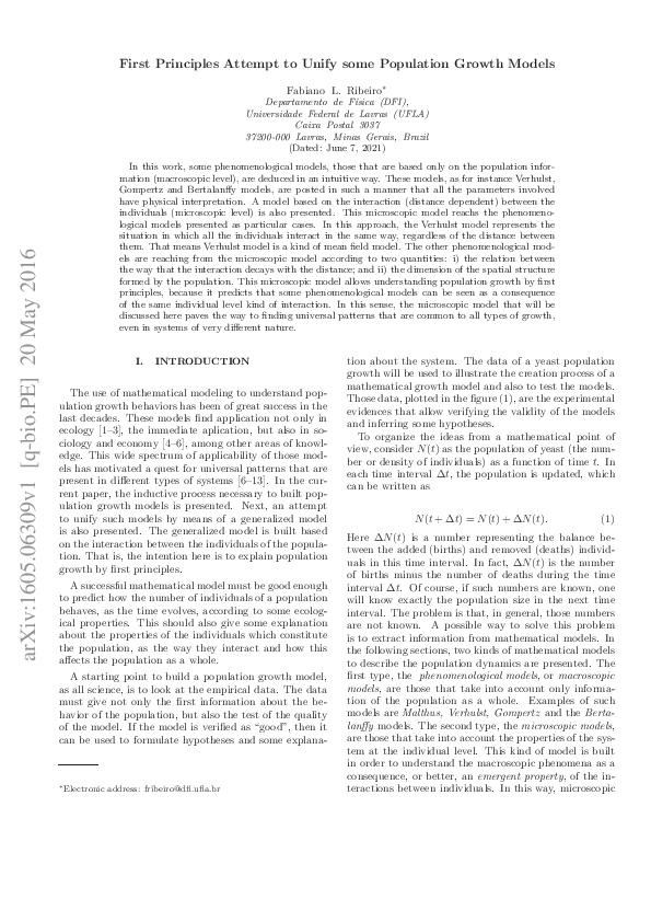 (PDF) First Principles Attempt to Unify some Population Growth Models