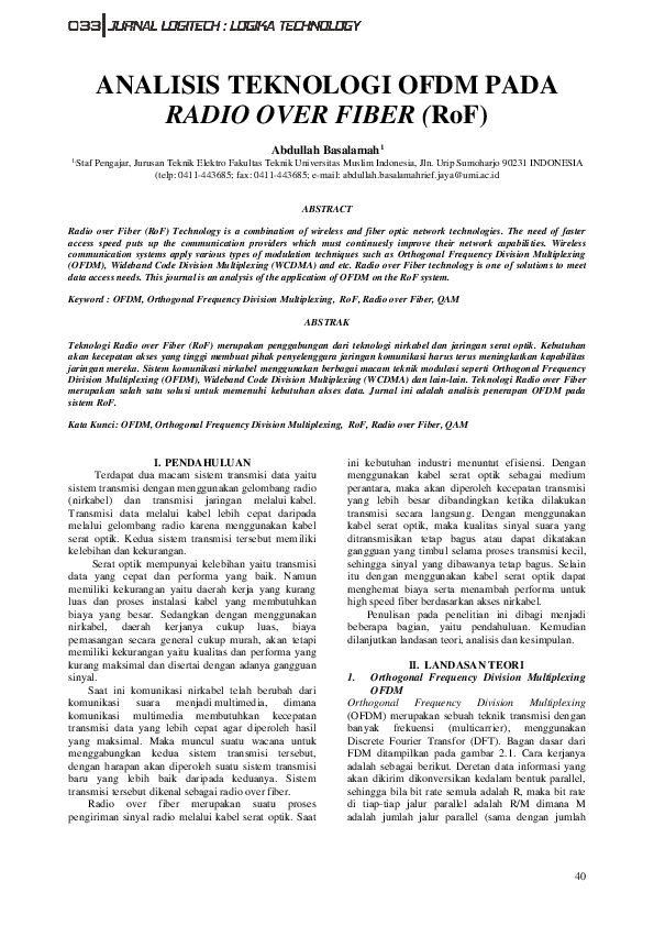 (PDF) ANALISIS TEKNOLOGI OFDM PADA RADIO OVER FIBER (RoF)