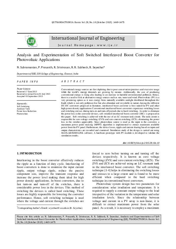 Pdf Analysis And Experimentation Of Soft Switched Interleaved Boost Converter For Photovoltaic