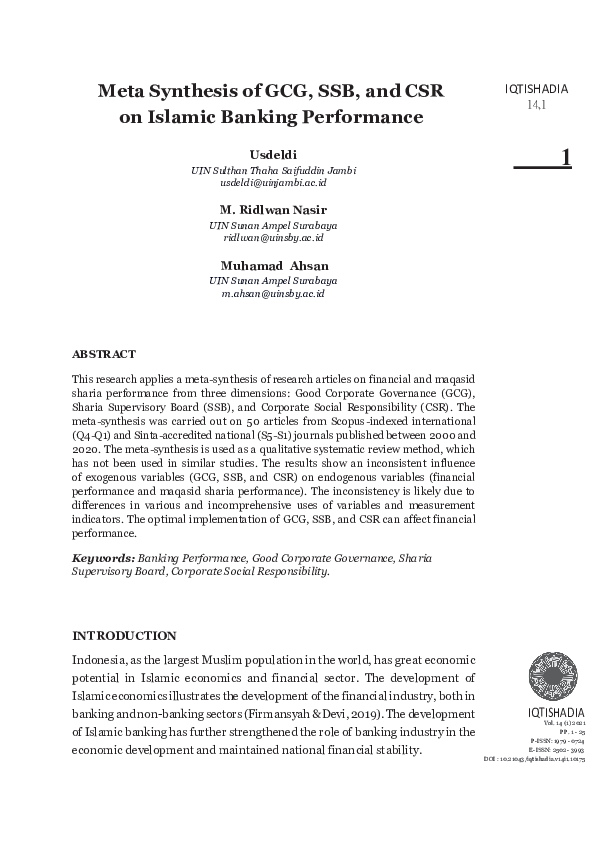 (PDF) Meta Synthesis of GCG, SSB, and CSR on Islamic Banking Performance